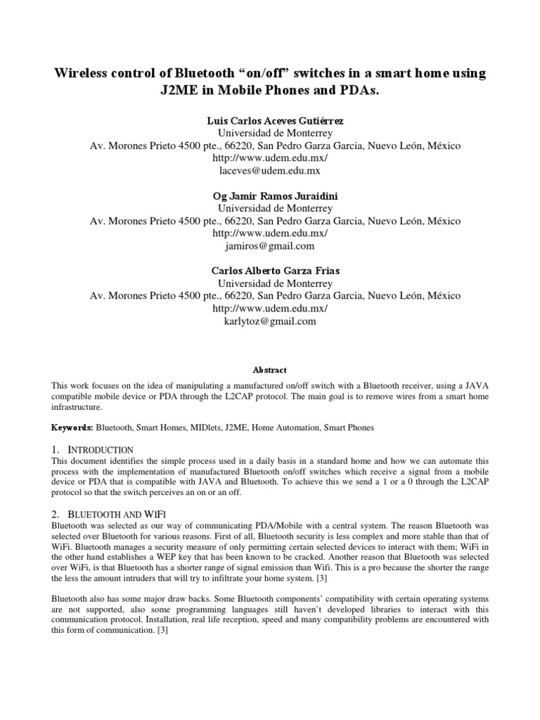 Wireless Control of Bluetooth "On/Off" Switches in A Smart Home Using J2Me in Mobile Phones and ...