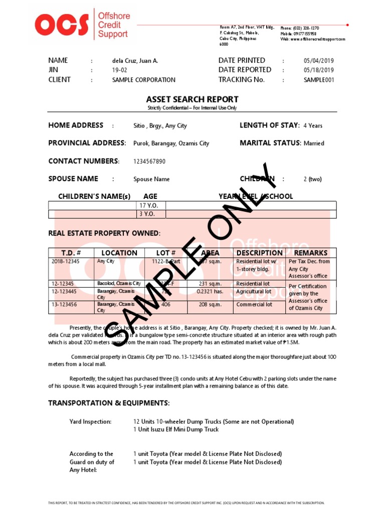 Asset Search Report Sample | PDF | Loans | Business