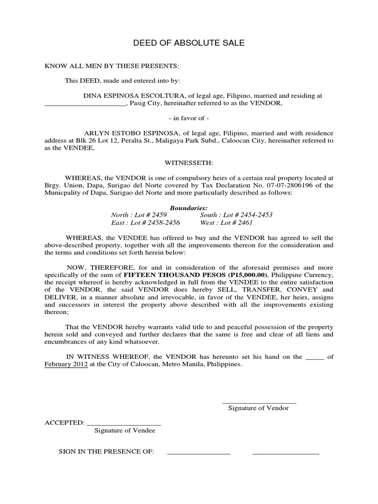 Deed of Absolute Sale | PDF | Natural Resources Law | Law And Economics