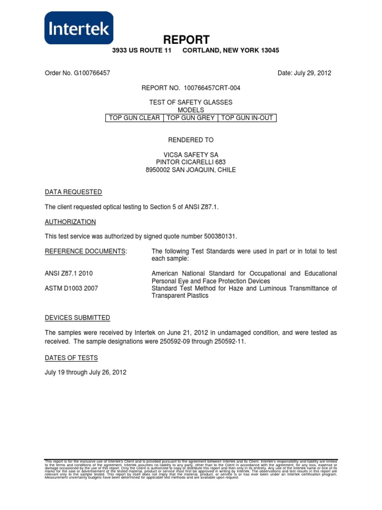 Report on Optical Testing of Three Models of Safety Glasses for ...