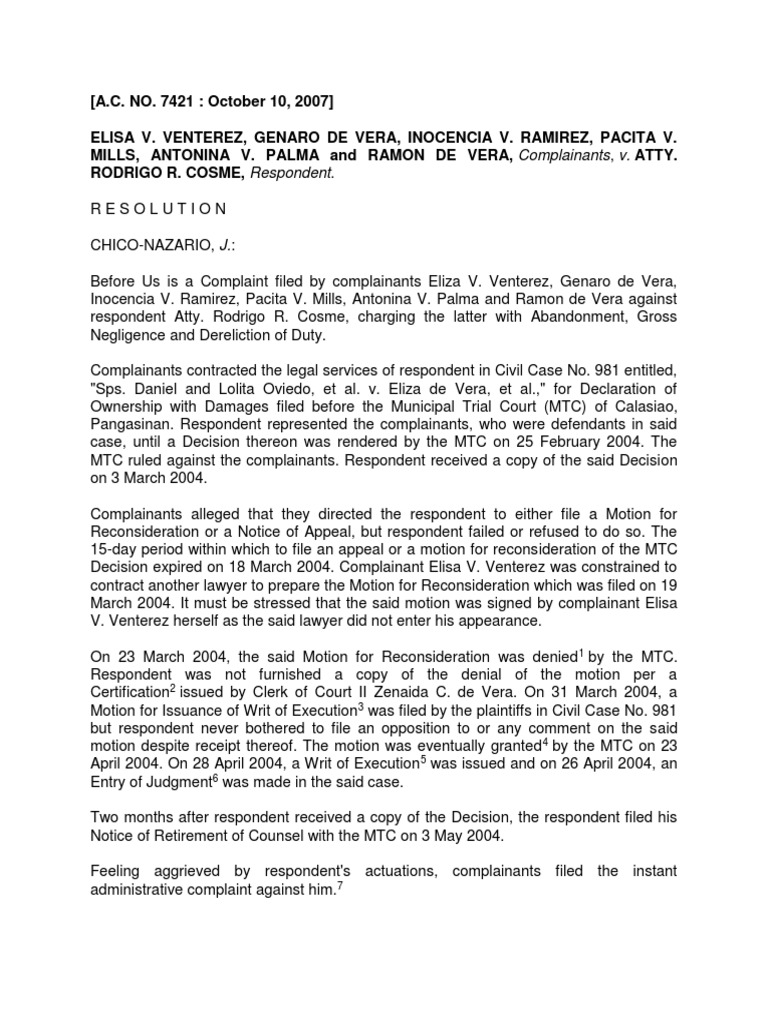 Venterez v. Cosme (A.C. 7421) | PDF | Lawyer | Lawsuit