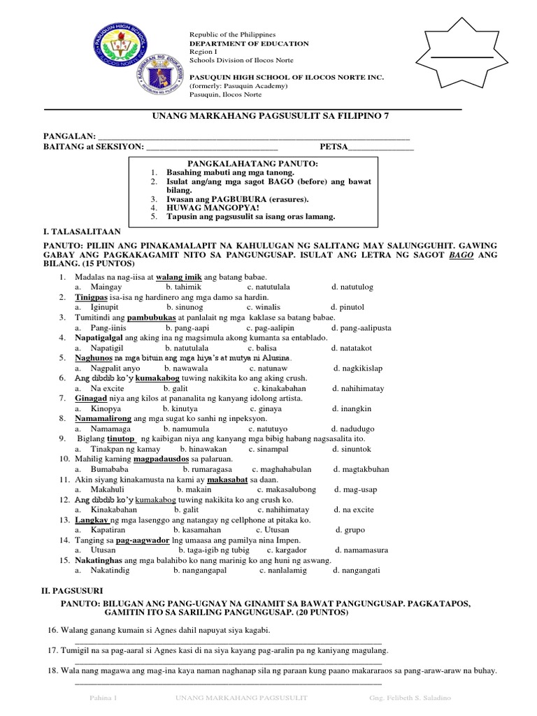 Pagsusulit Sa Grade 7 Filipino | PDF