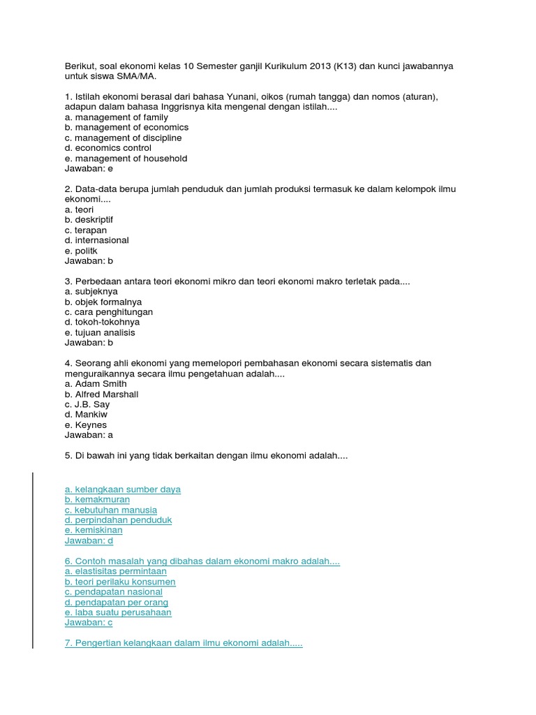 Contoh Soal Ekonomi Kelas X | PDF
