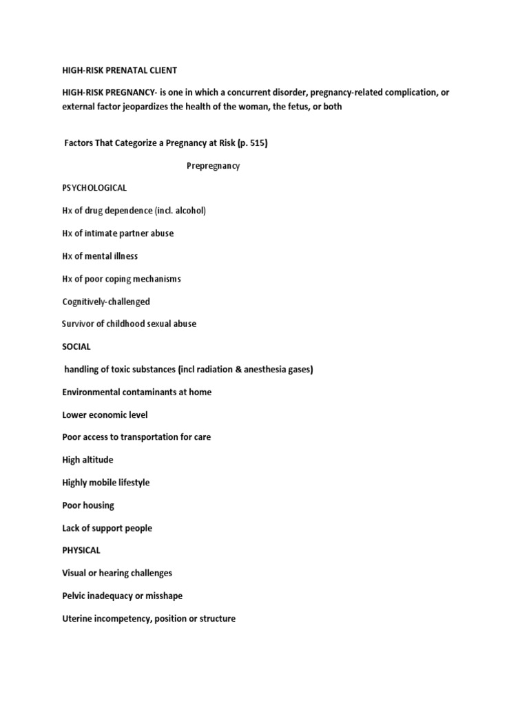 High-Risk Prenatal Client | PDF | Obstetrics | Maternal Health