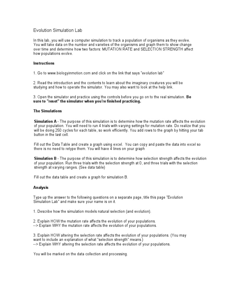 Evolution Simulation Lab Guide | PDF | Natural Selection | Evolution