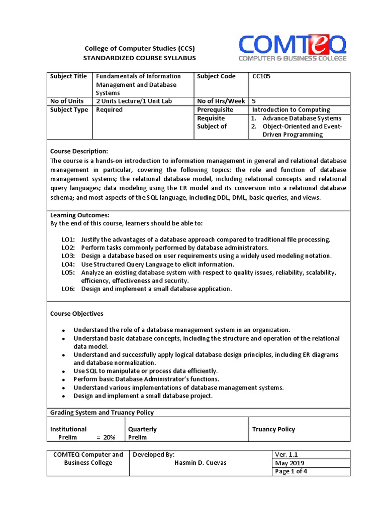 Fundamentals of Information Management and Database Systems Syllabus | PDF | Relational Database ...