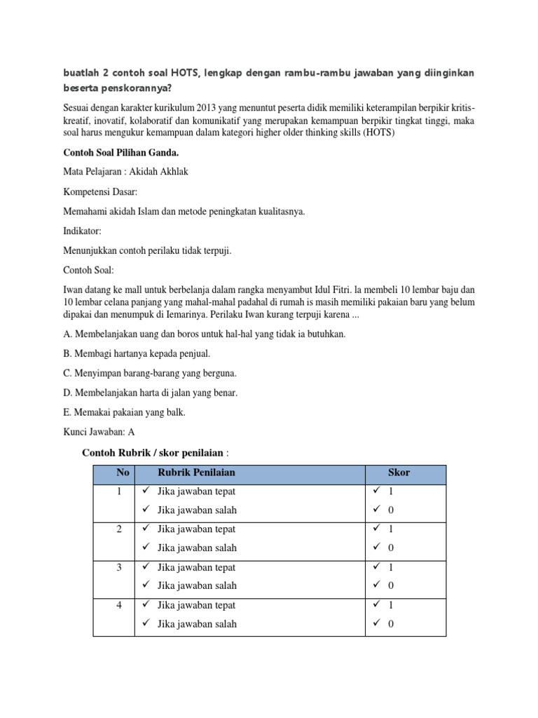 Contoh Soal HOTS Akidah Akhlak Kelas 9 | PDF | Karier & Perkembangan