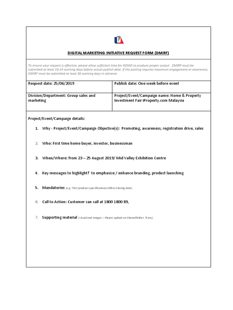DIGITAL MARKETING INITIATIVE REQUEST FORM Iproperty | PDF