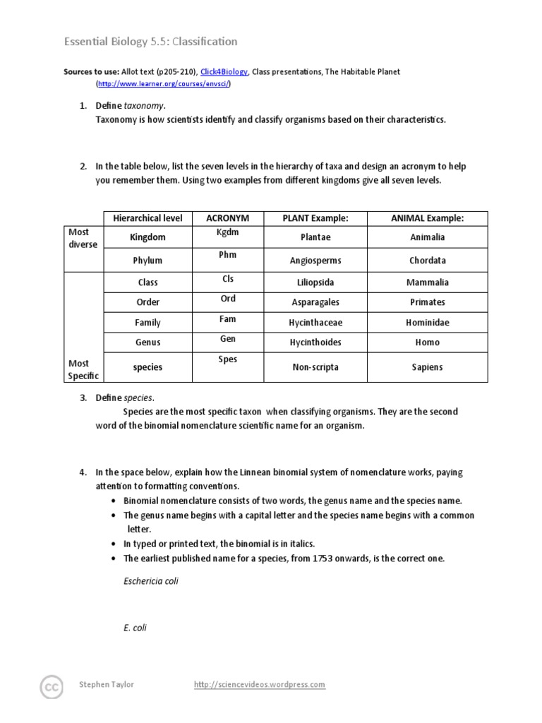 Essential Biology 5.5: Classification: Hierarchical Level Acronym PLANT ...