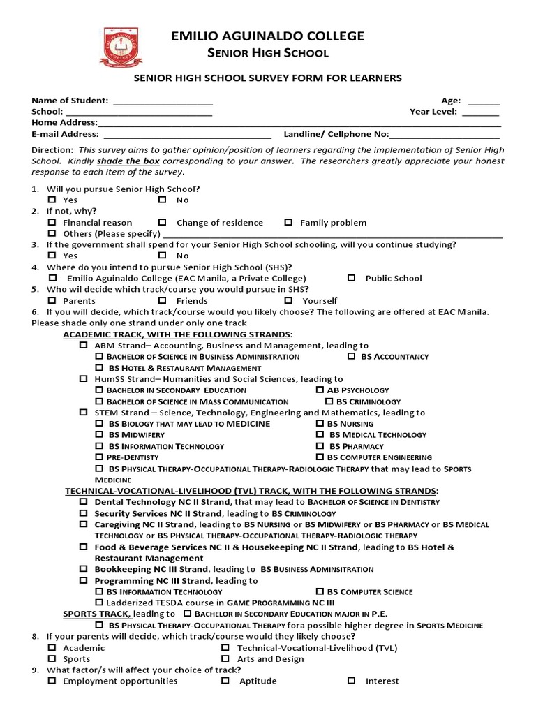 EAC SHS Survey-Questionnaire - learNERS | PDF | Bachelor's Degree ...