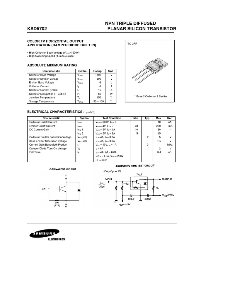 NPN Triple Diffused KSD5702 Planar Silicon Transistor: Color TV Horizontal Output Application ...