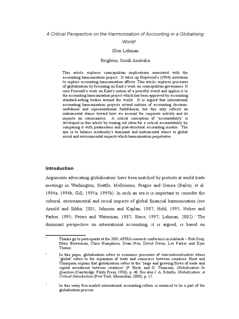 A Critical Perspective On The Harmonisation of Accounting in A ...