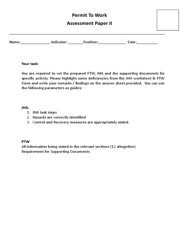 Permit To Work Assessment Guidelines | PDF
