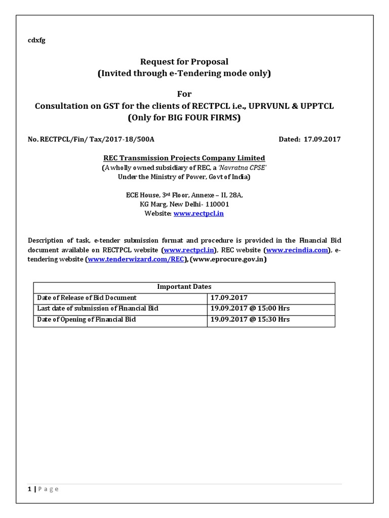 Request For Proposal (Invited Through E-Tendering Mode Only) For Consultation On GST For The ...