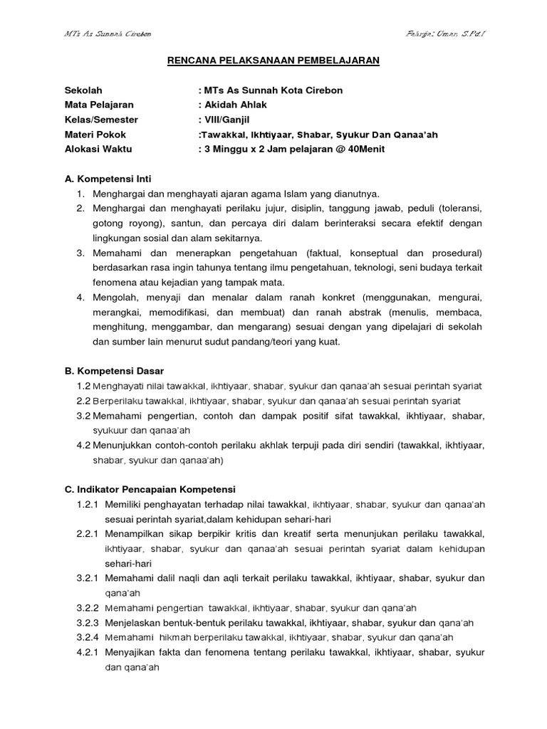 RPP Aqidah Akhlak Kelas 8 Kurikulum 2013 AKHLAK TERPUJI | PDF