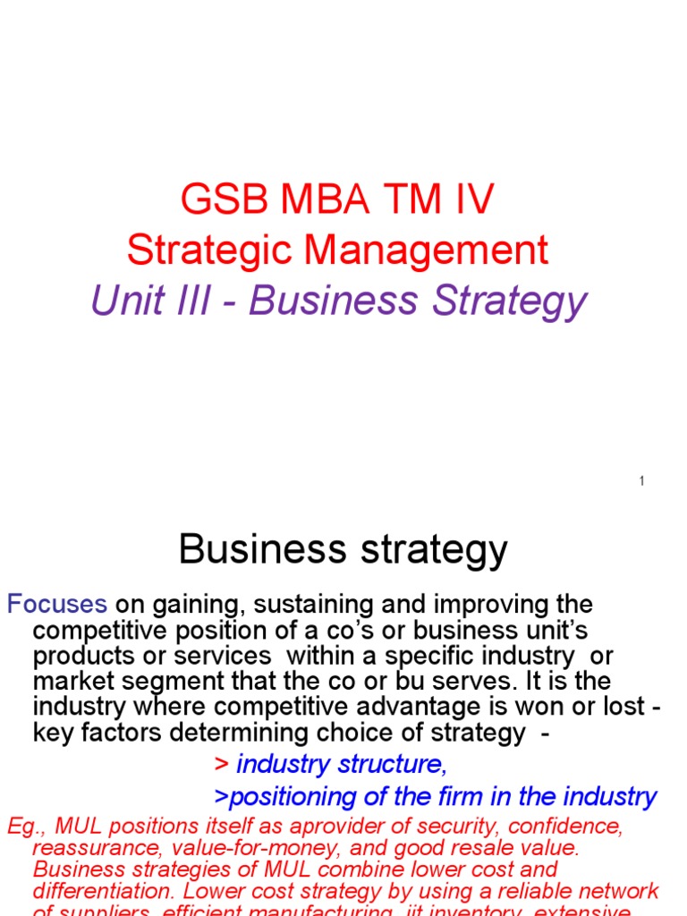 GSB Mba TM Iv Strategic Management: Unit III - Business Strategy | PDF ...
