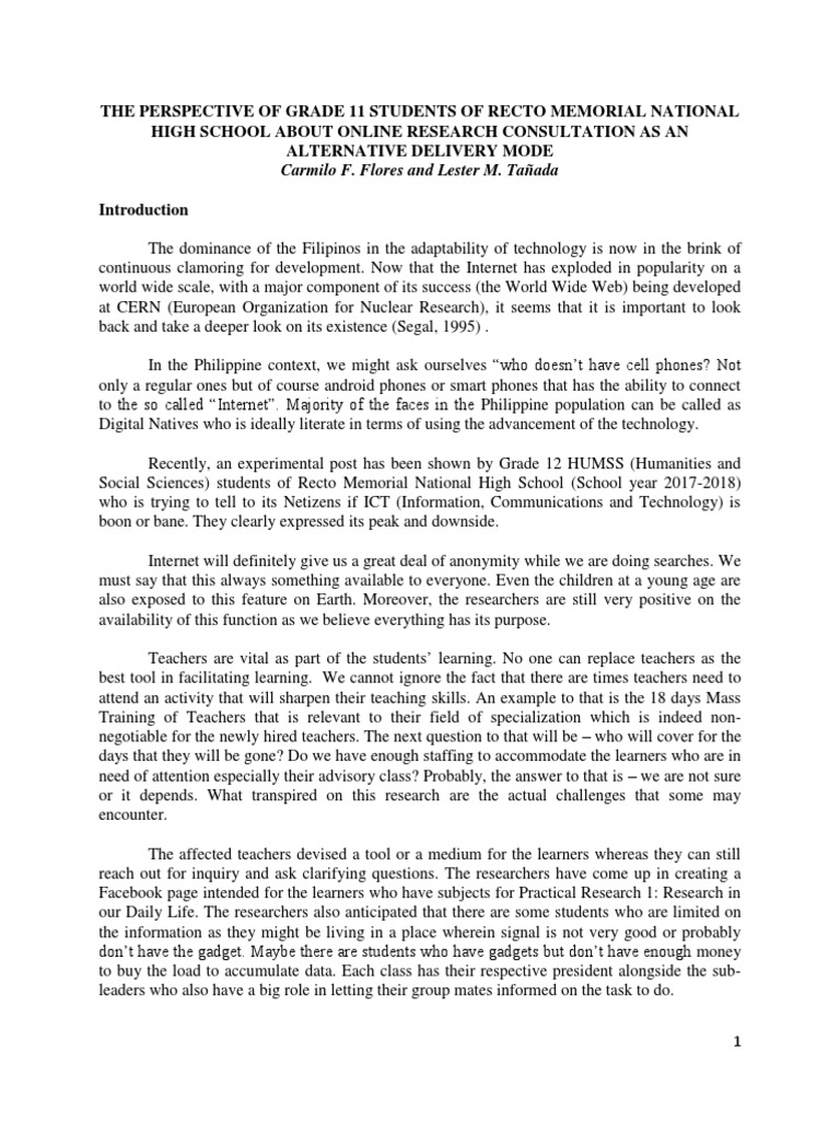 The Perspective of Grade 11 Students of Recto Memorial National High School About Online ...