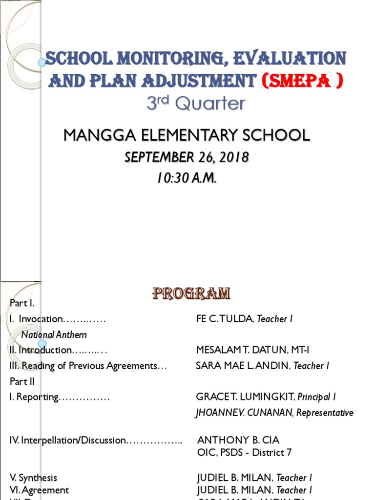 School Monitoring, Evaluation and Plan Adjustment 3 Quarter: (Smepa ...