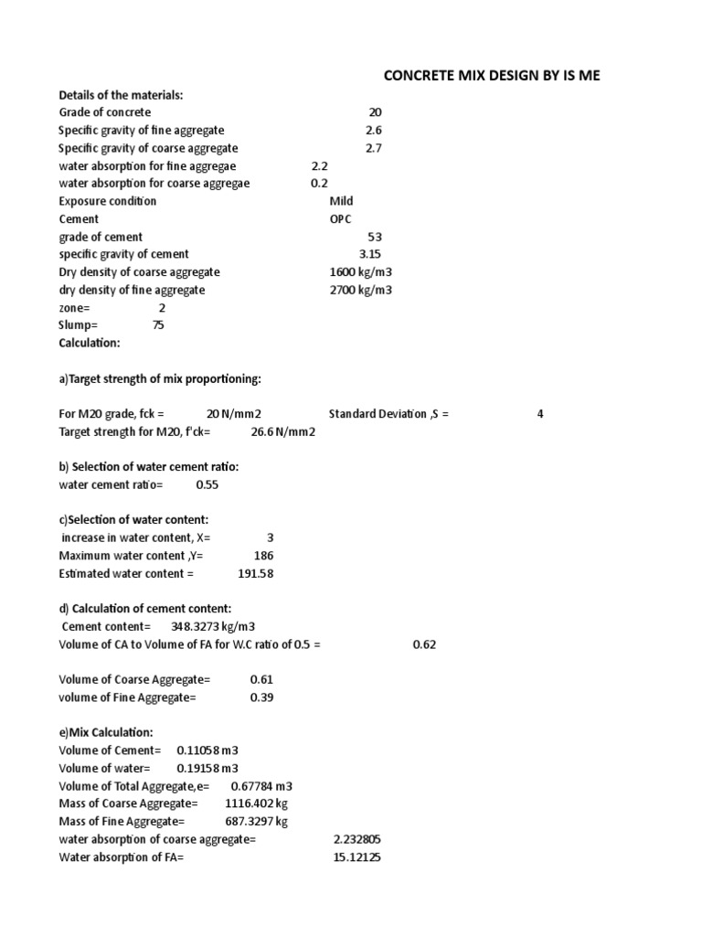 Concrete Mix Design by Is Method: Details of The Materials | PDF