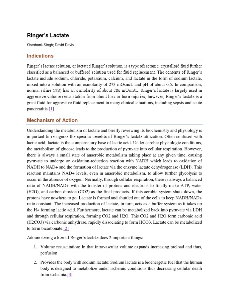 A Comprehensive Review of Ringer's Lactate Solution: Indications ...