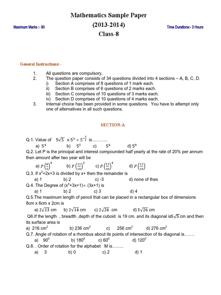 Cbse Class 8 Mathematics Sample Paper 22 | PDF | Elementary Geometry ...
