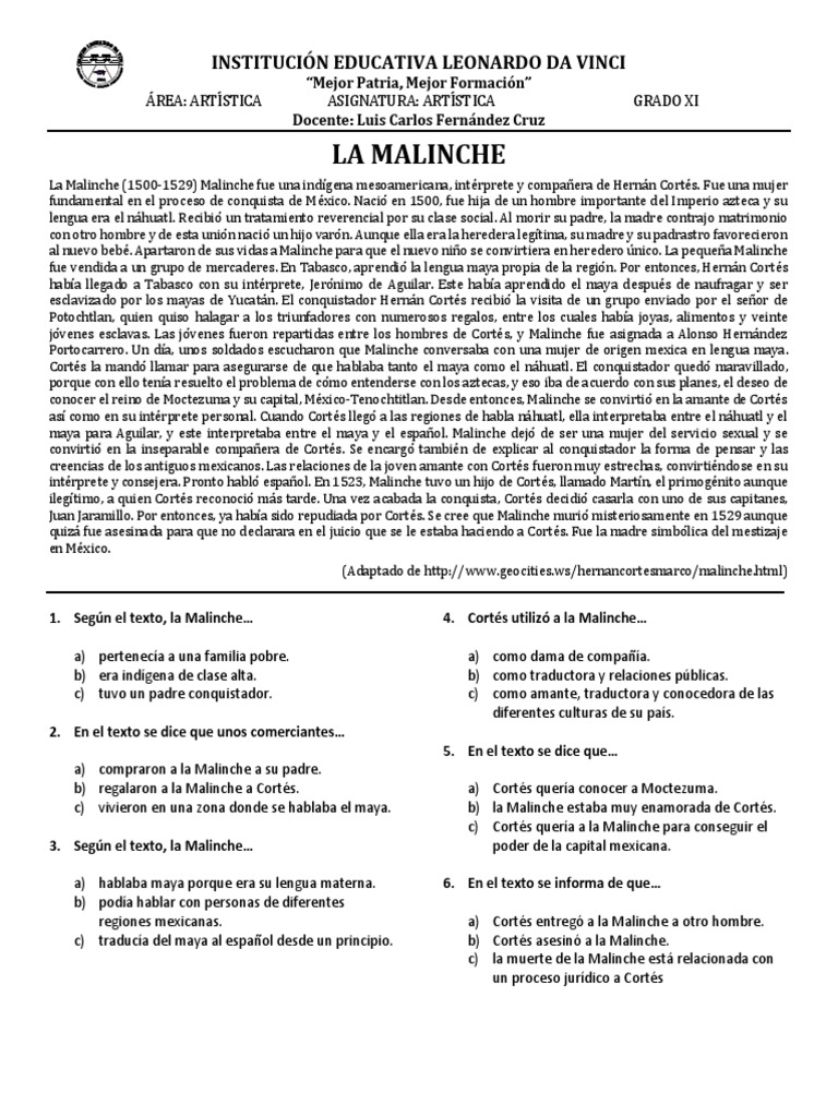 Taller Comprensión La Malinche | PDF | Hernán Cortés | America latina