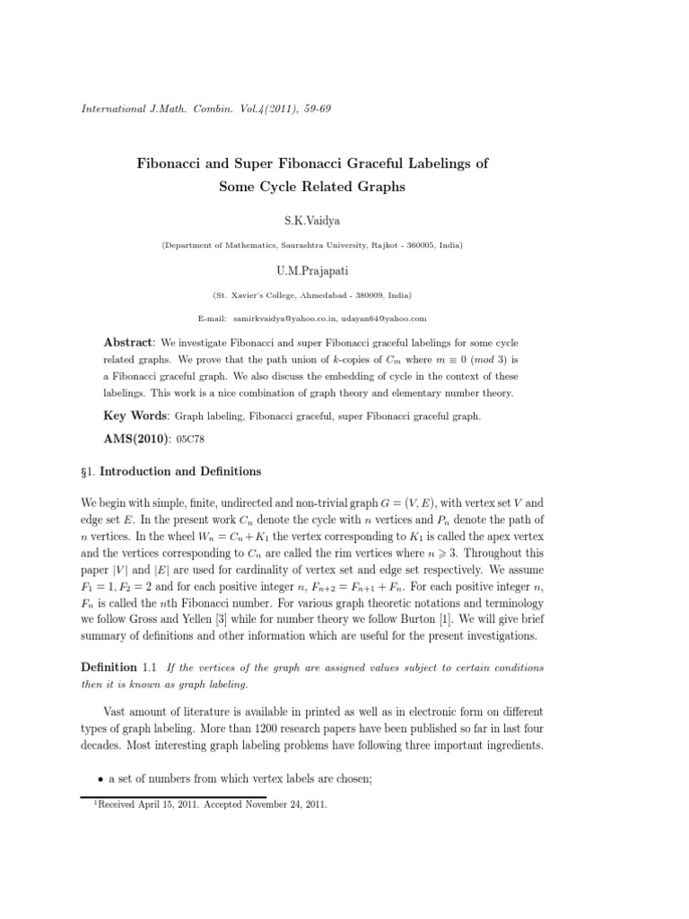 Fibonacci and Super Fibonacci Graceful Labeling S | PDF | Vertex (Graph Theory) | Discrete ...
