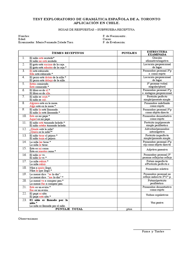 Hoja de Respuestas Test STSG | PDF | Asunto (gramática) | Pronombre