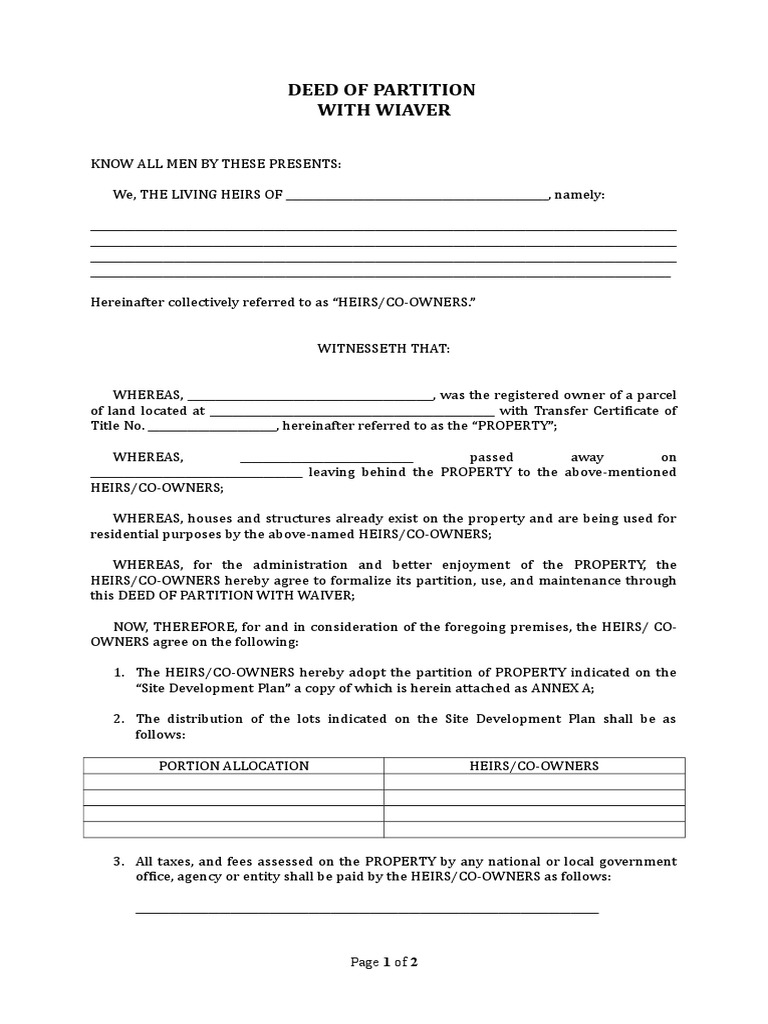 Deed of Partition With Waiver Sample | PDF | Deed | Common Law
