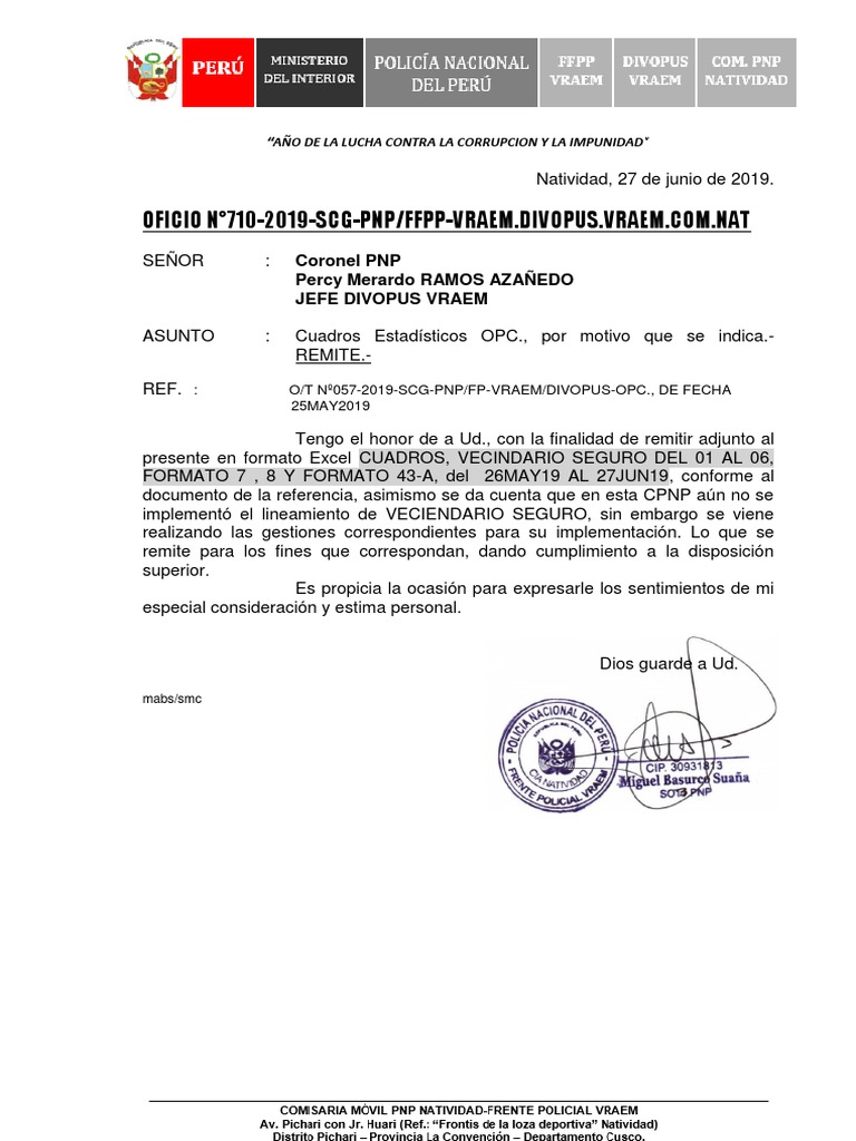 Oficio N°710-Cpnp Natividad-27jun2019 - Remite Cuadros Estadisticos de 27 de Cada Mes Opc | PDF