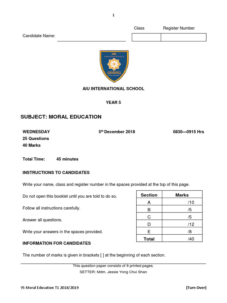 Class 5 Moral Education Exam Paper | PDF