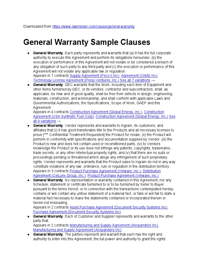 General Warranty Sample Clauses | PDF | Security Interest | License