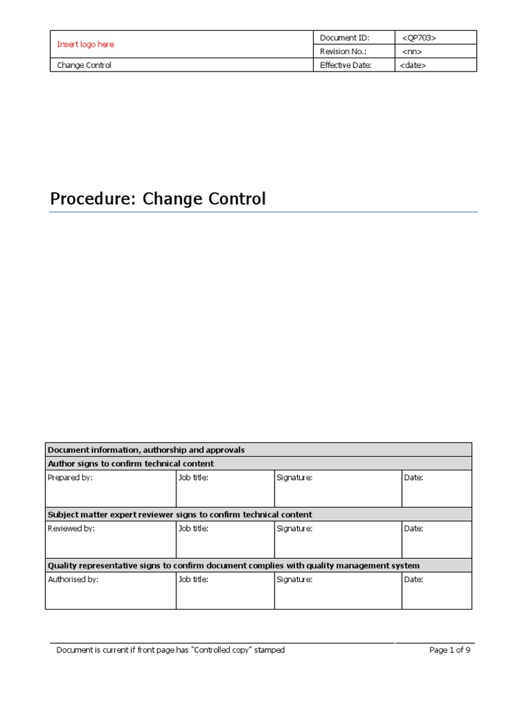 Qms tmp1000 13 Change Control Procedure Template qp703 r02 | PDF | Risk ...