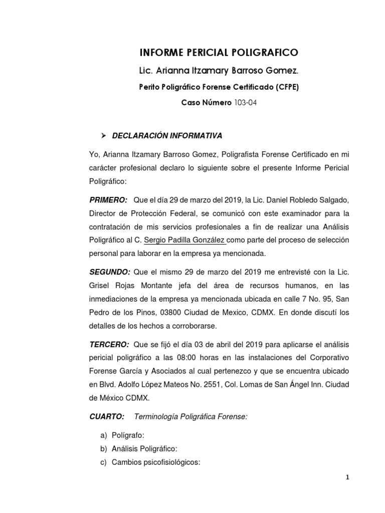 Informe Pericial Poligrafico | PDF | Bienestar | Medicina Informe Pericial Poligrafico | PDF | Bienestar | Medicina