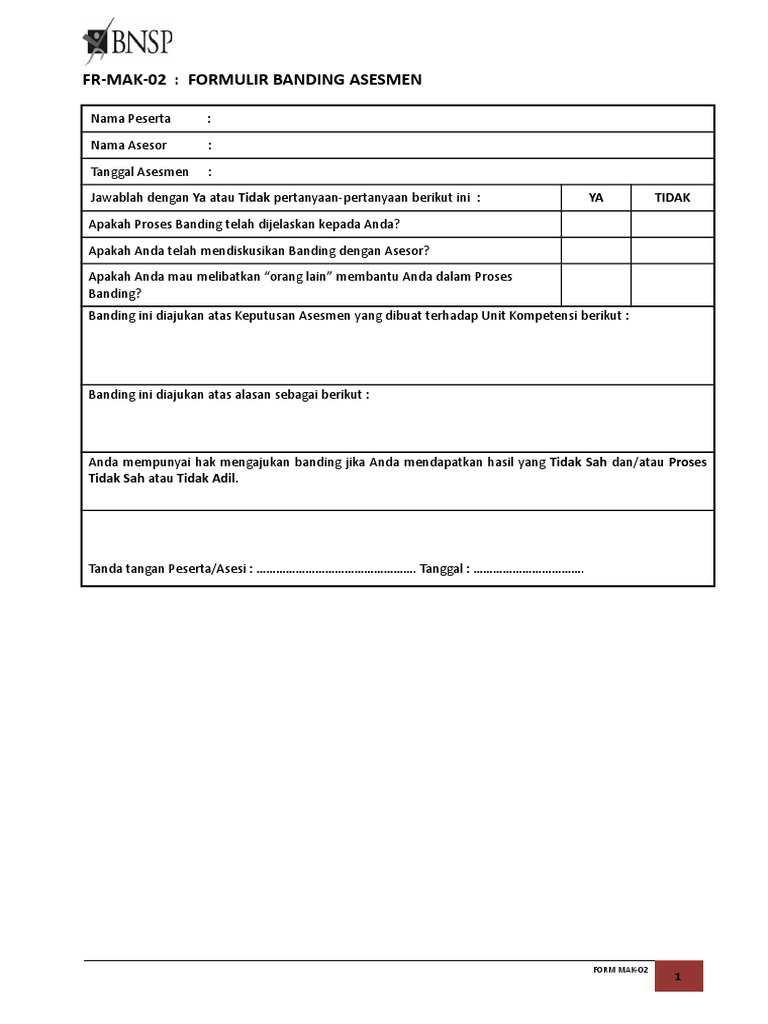 Form Mak-02-Formulir Banding Asesmen | PDF