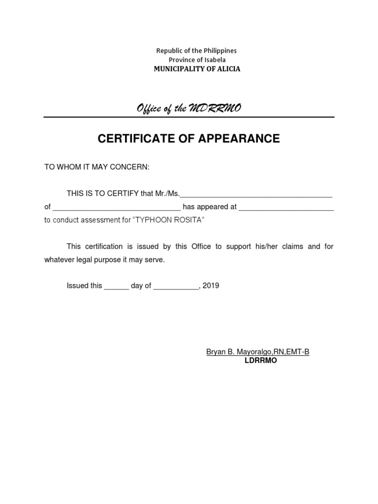 Certificate of Appearance Typhoon | PDF