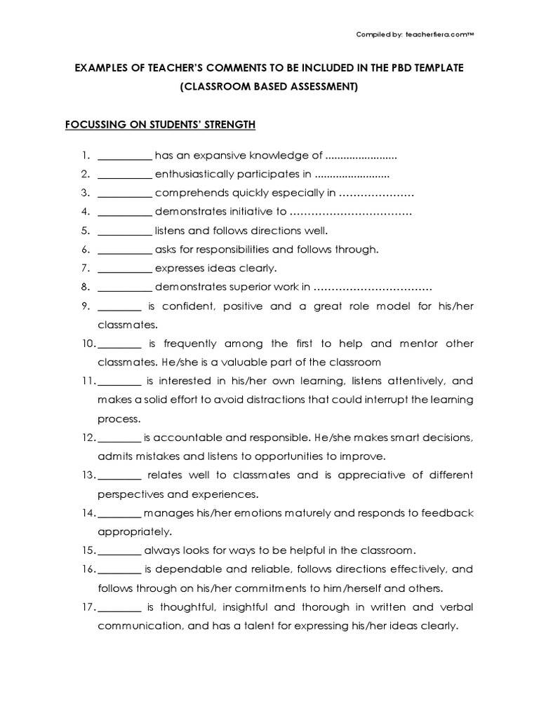 Examples of Teacher's Comments To Be Included in The PBD Template | PDF ...