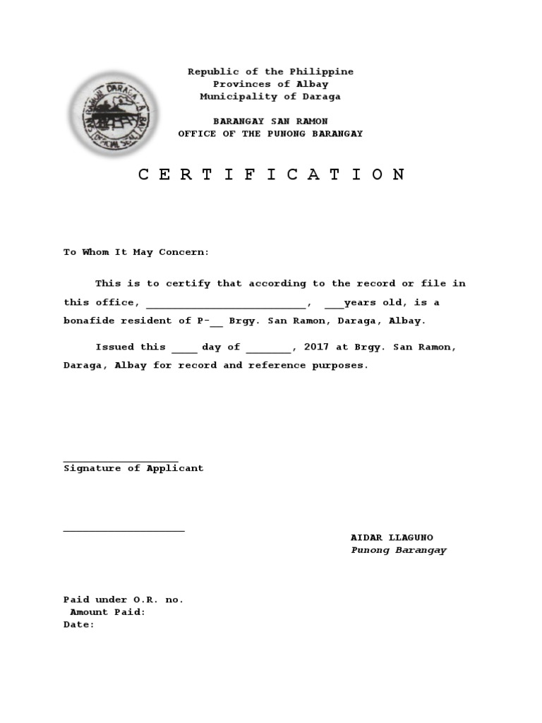 Barangay Certification Sample Document | PDF | Lifestyle