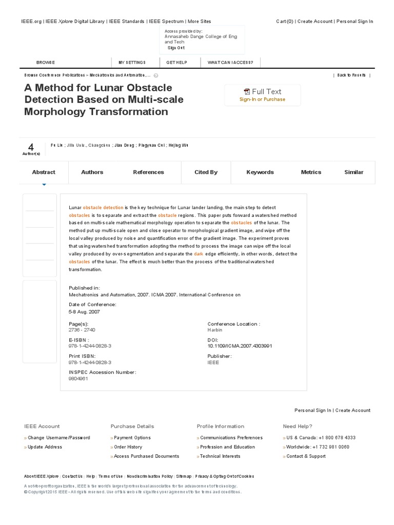 Ieee Xplore Abstract A Method For Lunar Obstacle Detection Based On Multi Scale Morphology