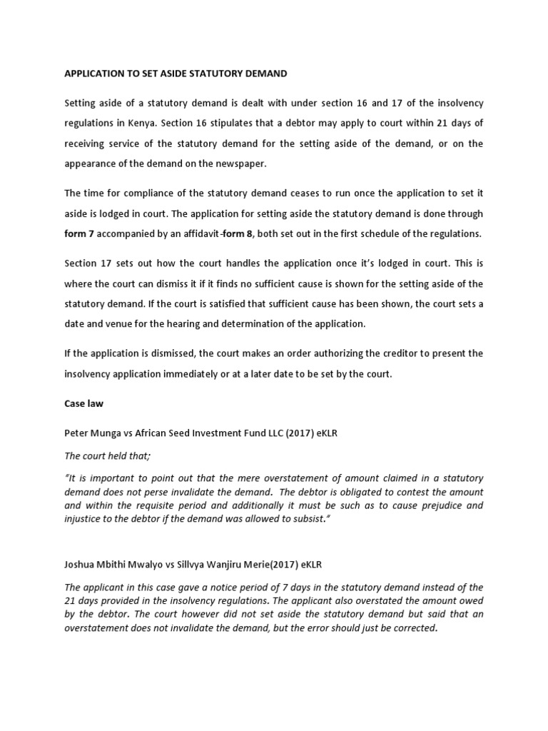 Application To Set Aside Statutory Demand | PDF | Bankruptcy | Lawsuit