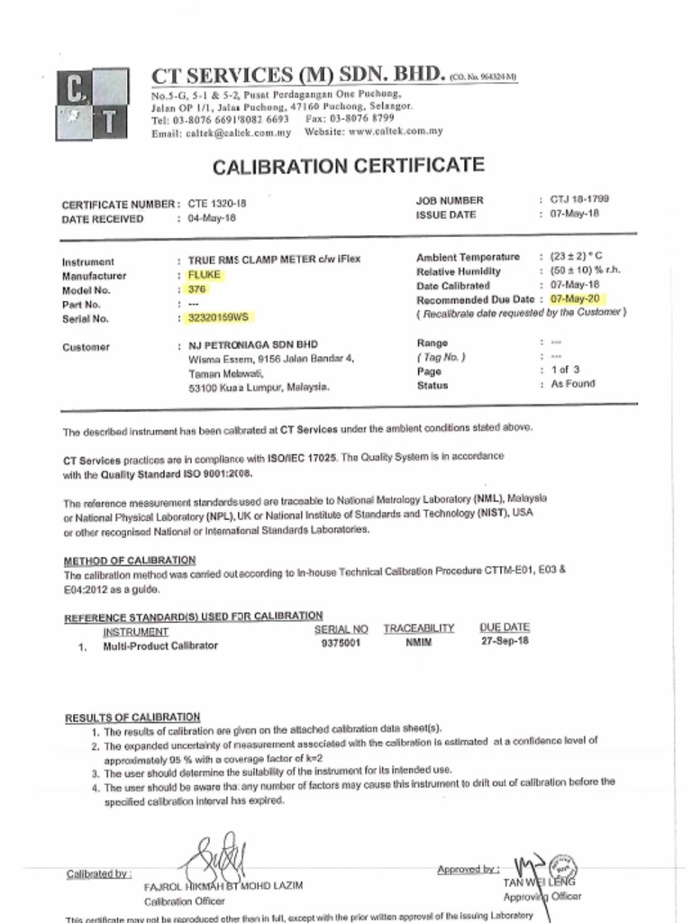 Clamp Meter Calibration Certificate | PDF