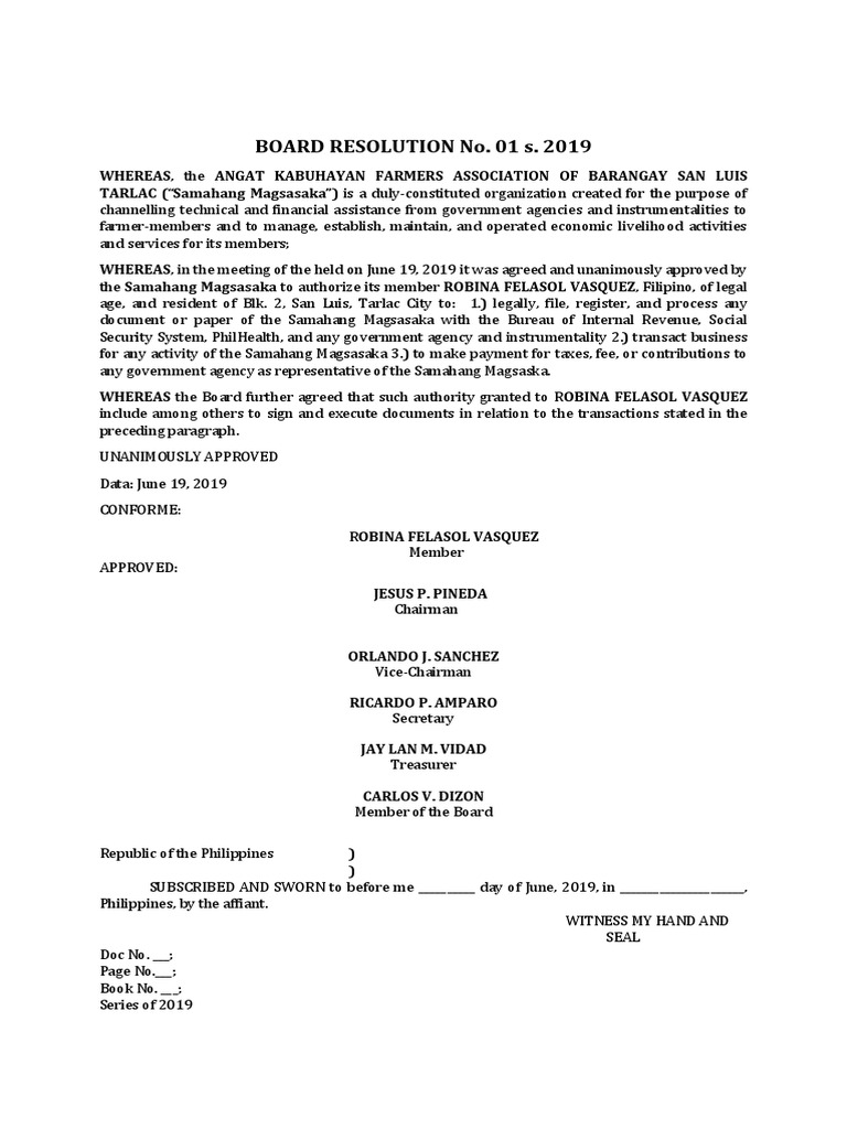 BOARD RESOLUTION Samahang Magsasaka | PDF | Government Finances ...