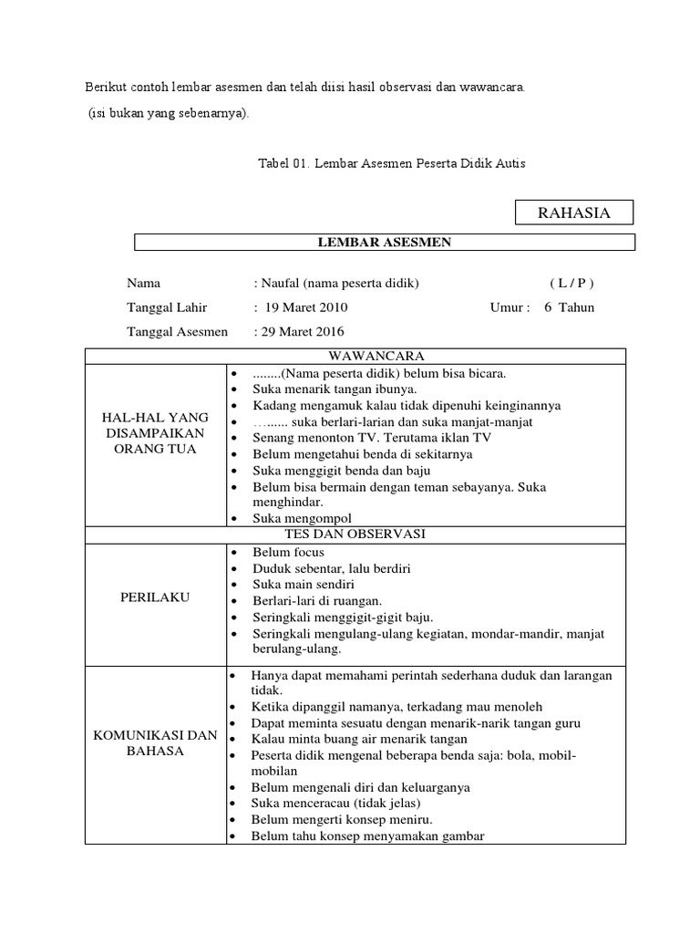 Contoh Lembar Asesmen Dan Telah Diisi Hasil Observasi Dan Wawancara | PDF