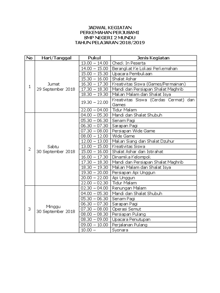 Jadwal Kegiatan Camping | PDF