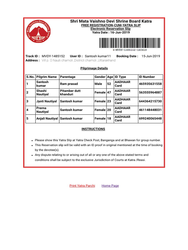 Shri Mata Vaishno Devi Shrine Board Yatra Parchi Services | PDF