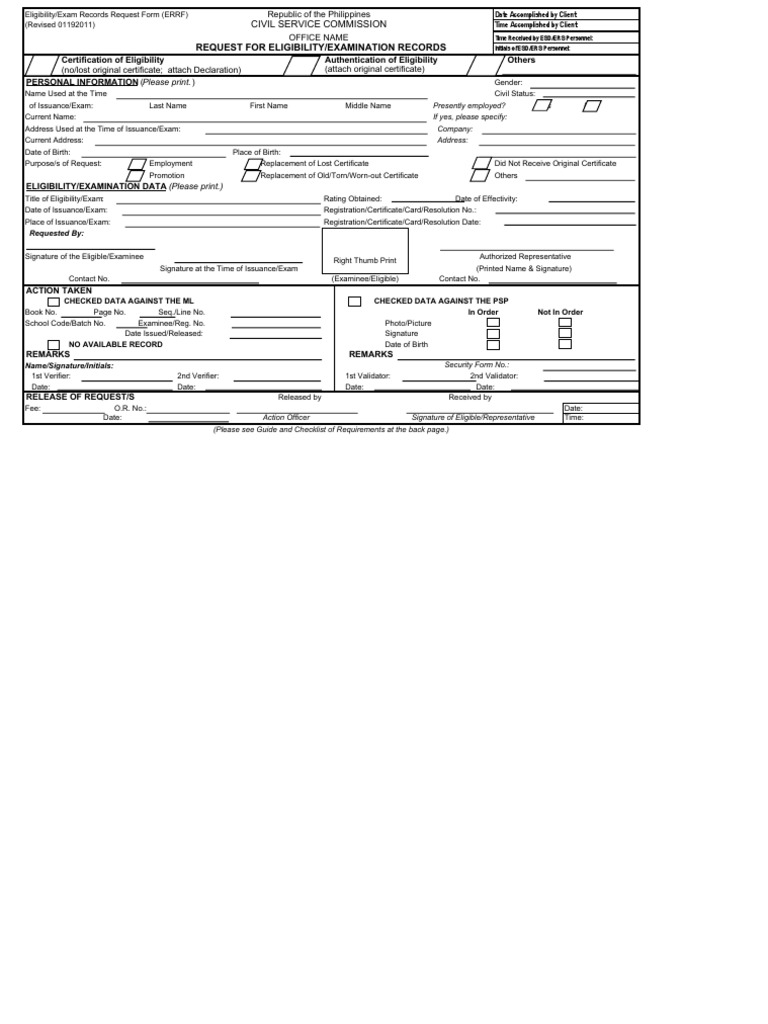Request For Eligibility/Examination Records: Civil Service Commission ...