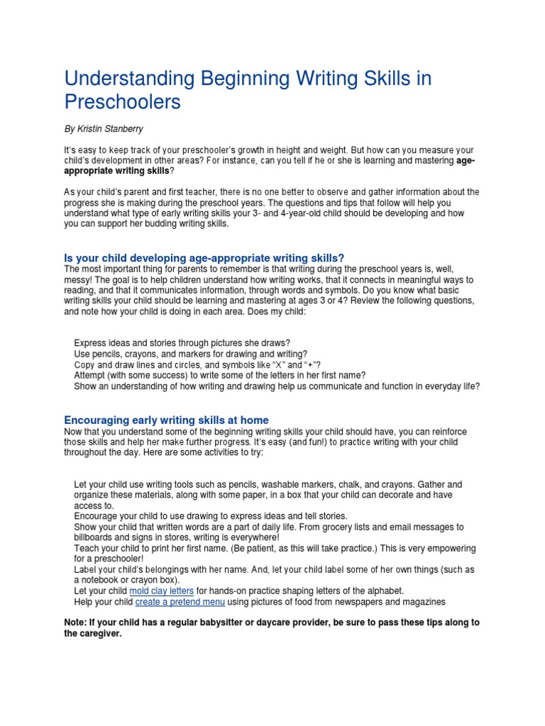 Preschool Writing Skills Guide | PDF | Preschool | Writing