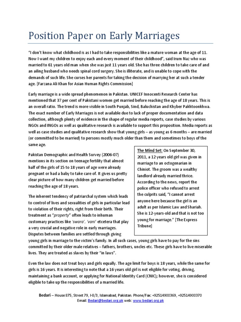 Early Marriages - Position Paper | PDF | Child Marriage | Marriage