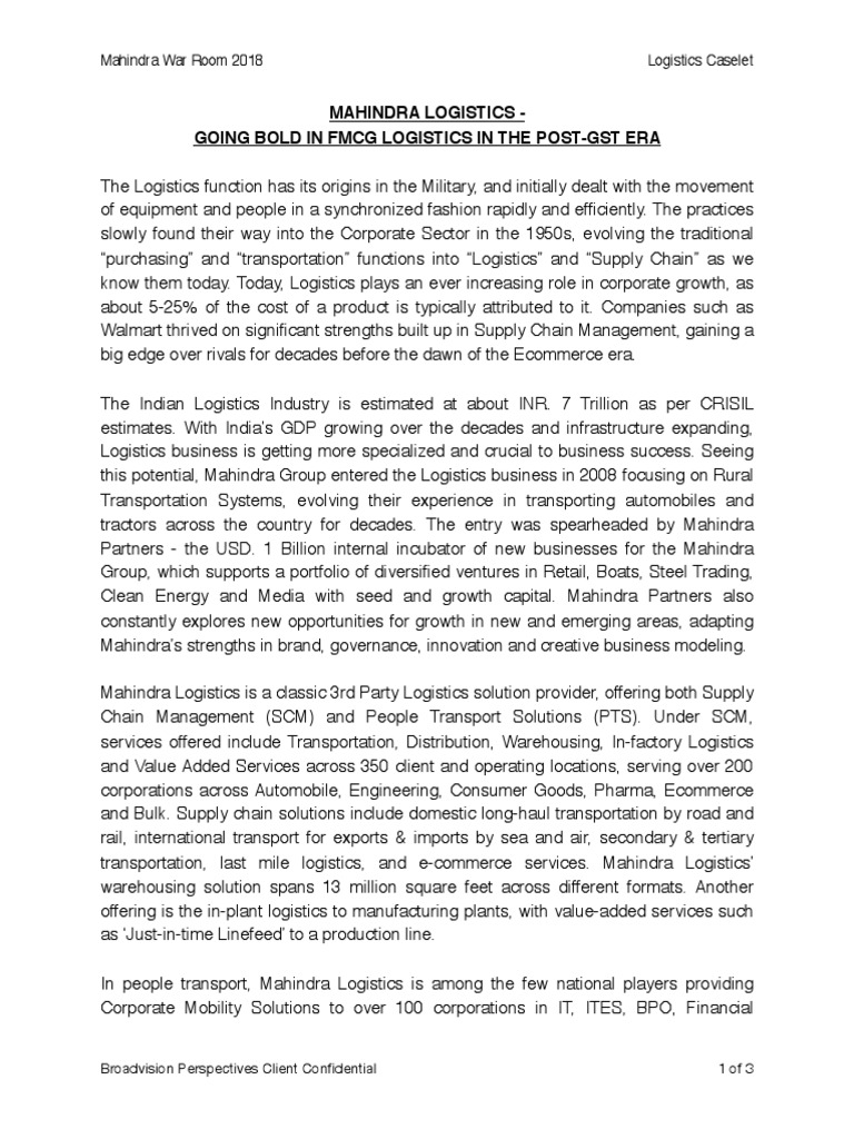 Mahindra Logistics in Post-GST FMCG Era | PDF | Warehouse | Logistics