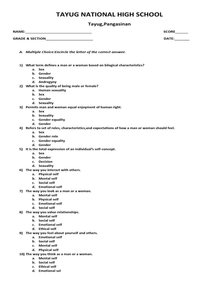 Health Quiz | PDF | Gender Role | Human Sexuality